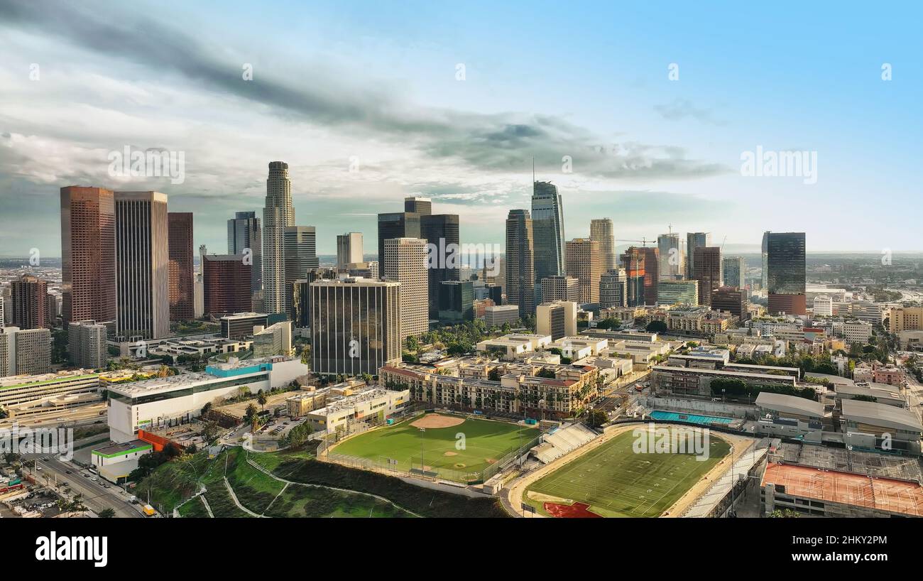 Los Angeles downtown skyline. California theme with LA background Stock ...