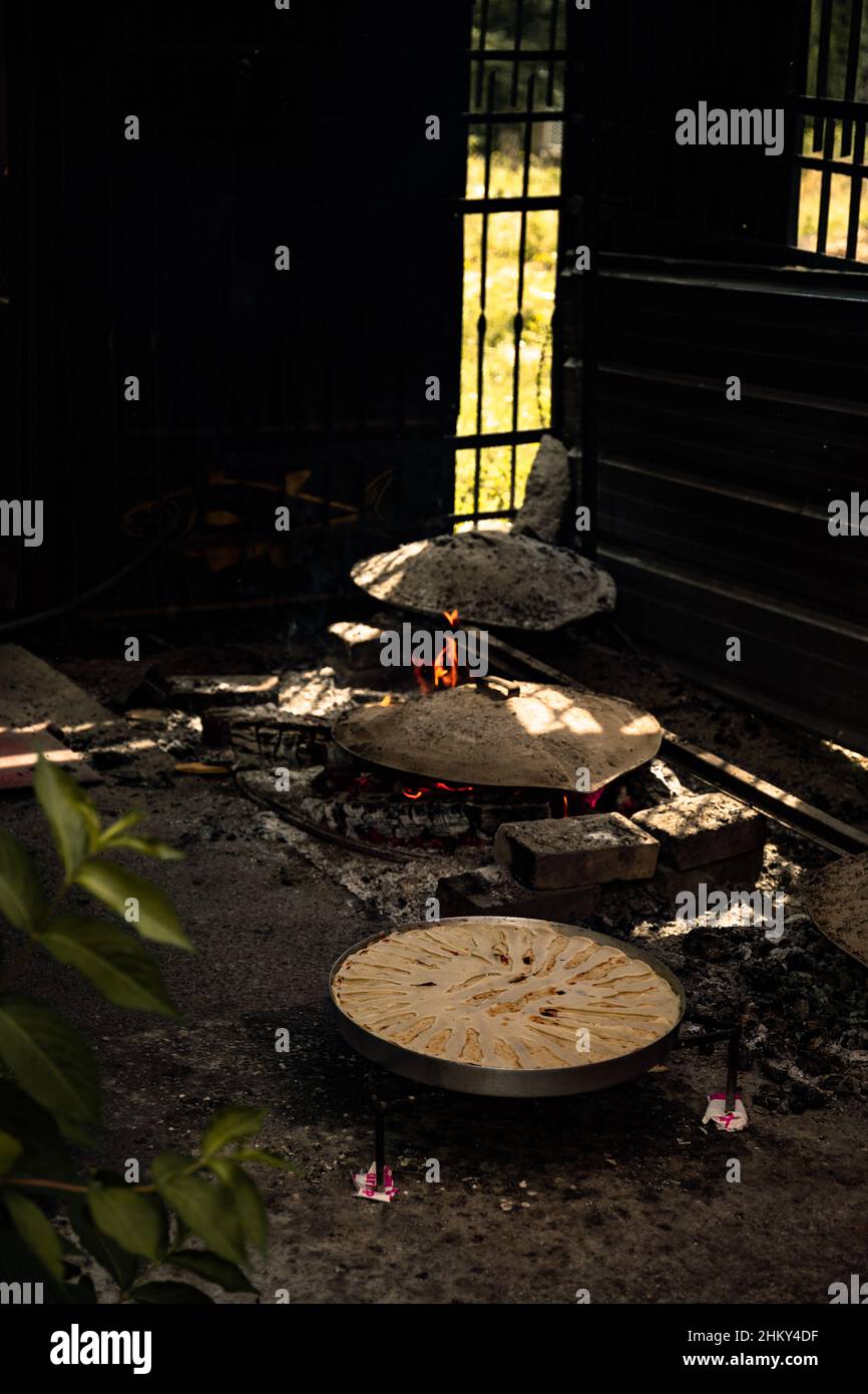 Process of preparing a Flija, Traditional food in Albania Stock Photo ...