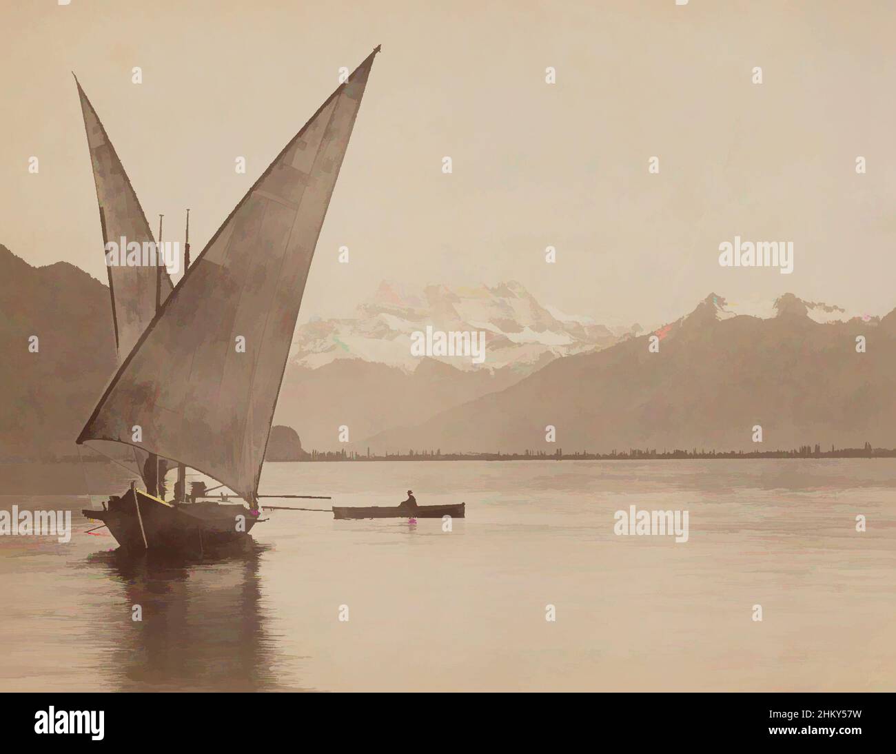 Art inspired by Sailing ship and rowboat in a lake, glaciers in the ...