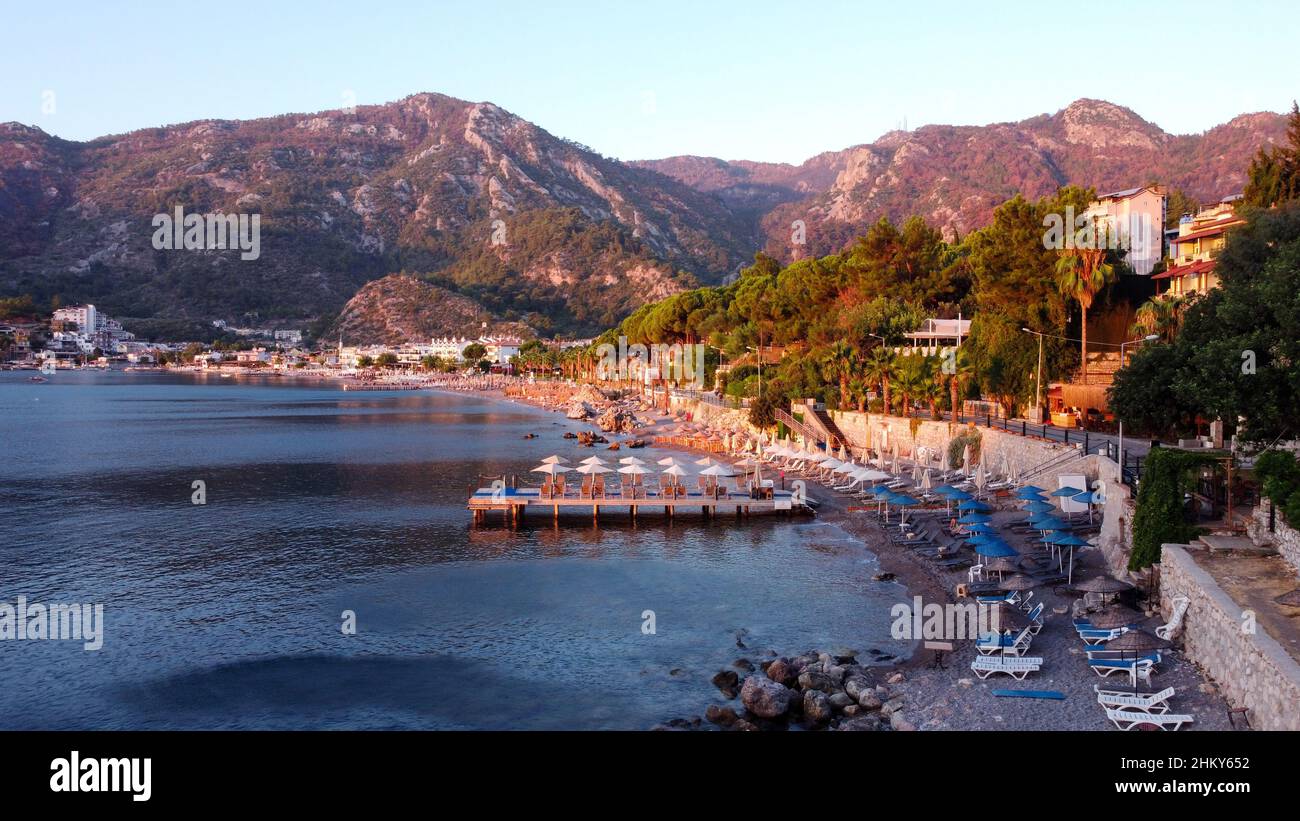 An aerial image of a beach in Turunc, Turkey. Sunrise over resort ...