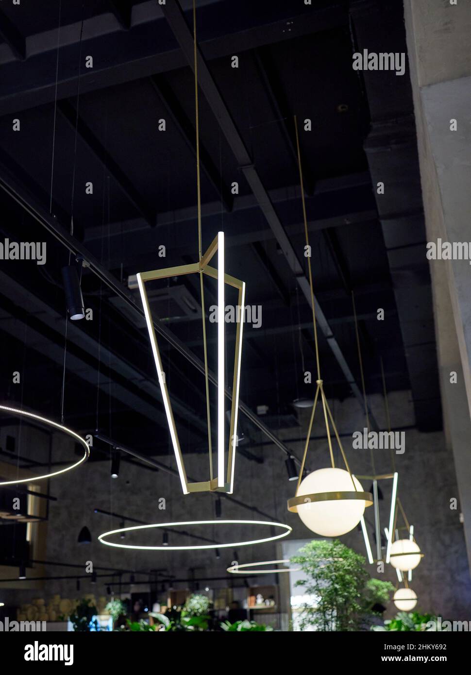 White ceiling with neon lights in the office. White ceiling can reflect ...