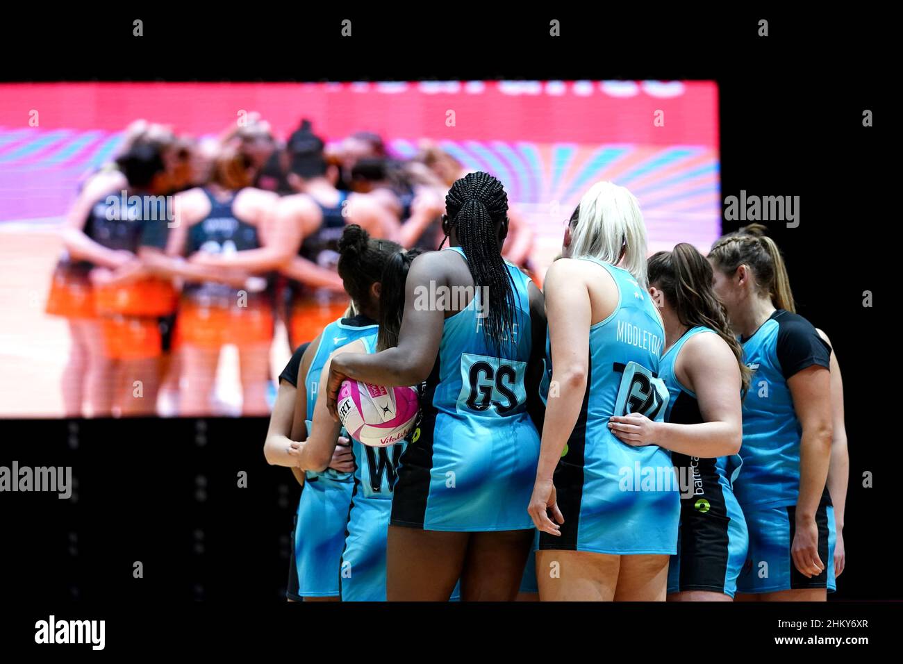 Surrey Storm form a huddle during the Vitality Netball Superleague ...
