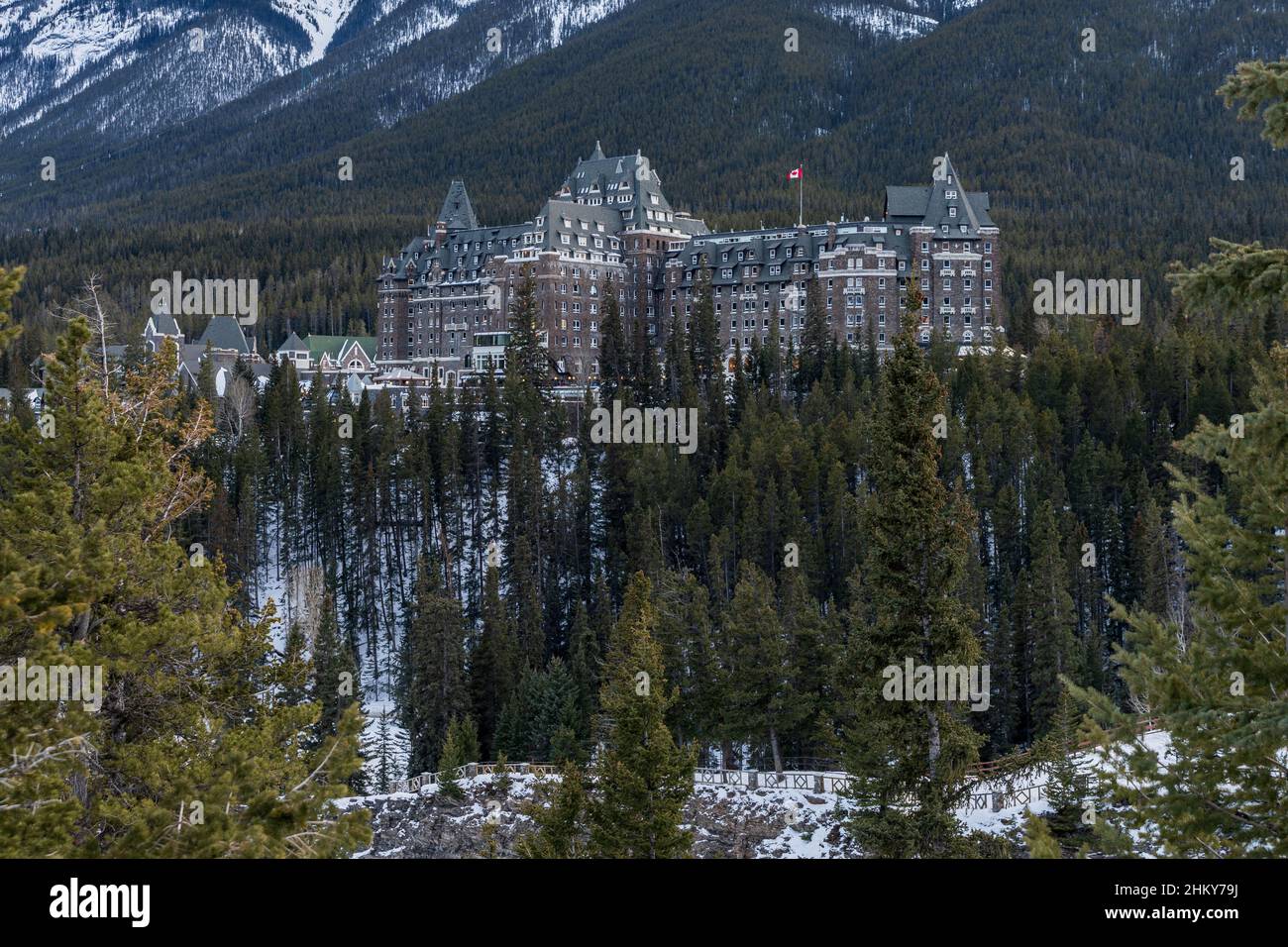 Banff Springs Hotel in winter. View from Surprise Corner Viewpoint ...