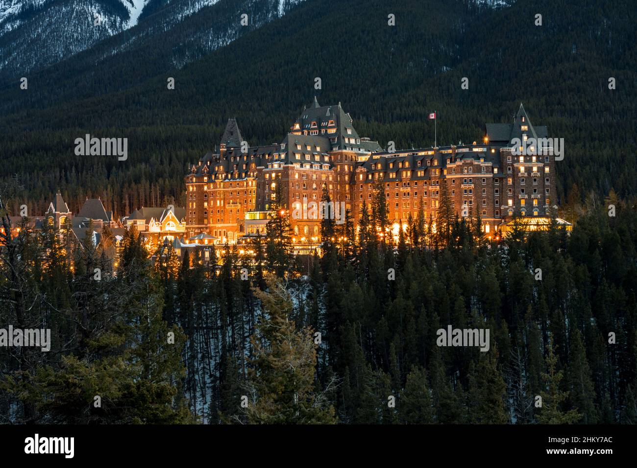 Banff Springs Hotel in winter night. View from Surprise Corner Viewpoint. Banff National Park ...