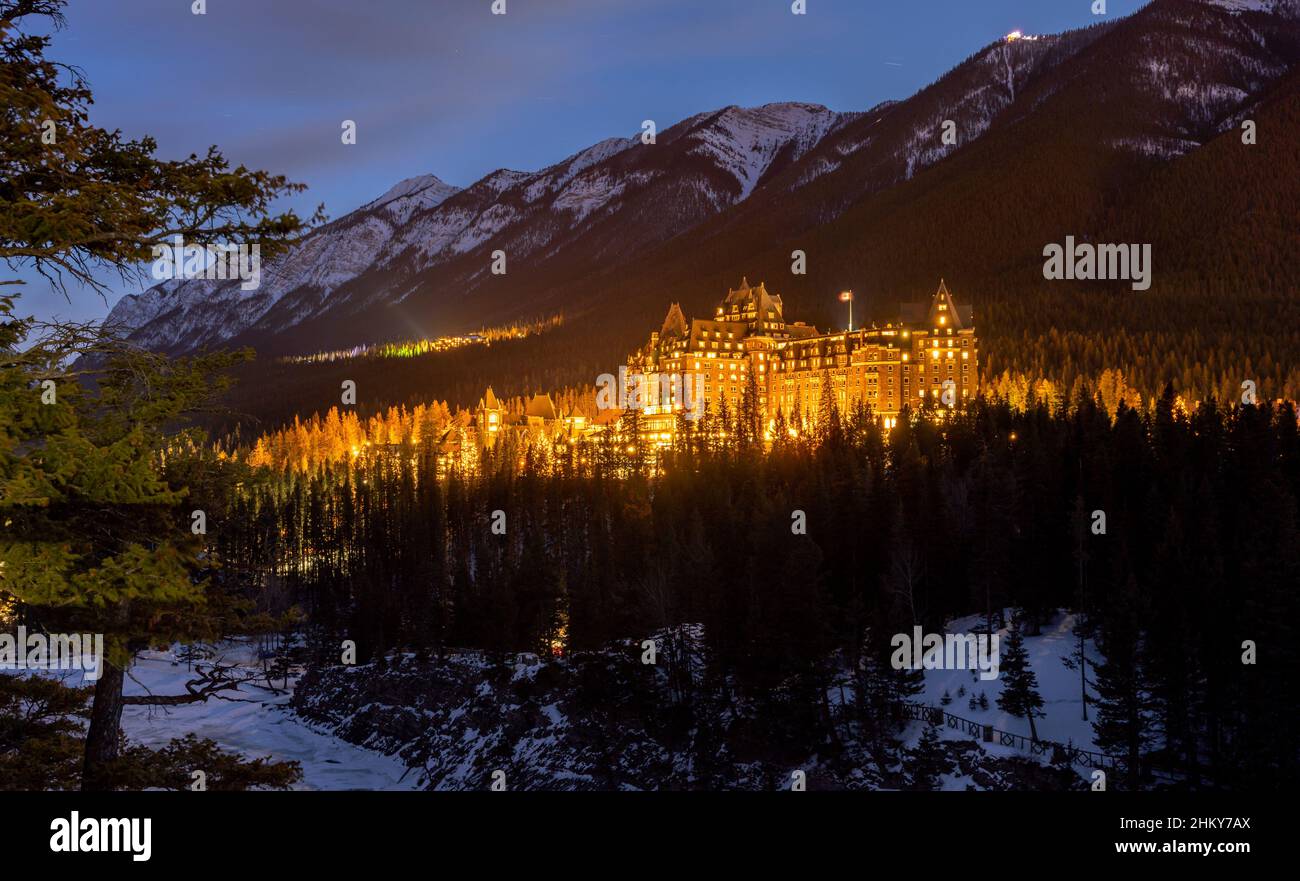 Banff Springs Hotel in winter night. View from Surprise Corner ...