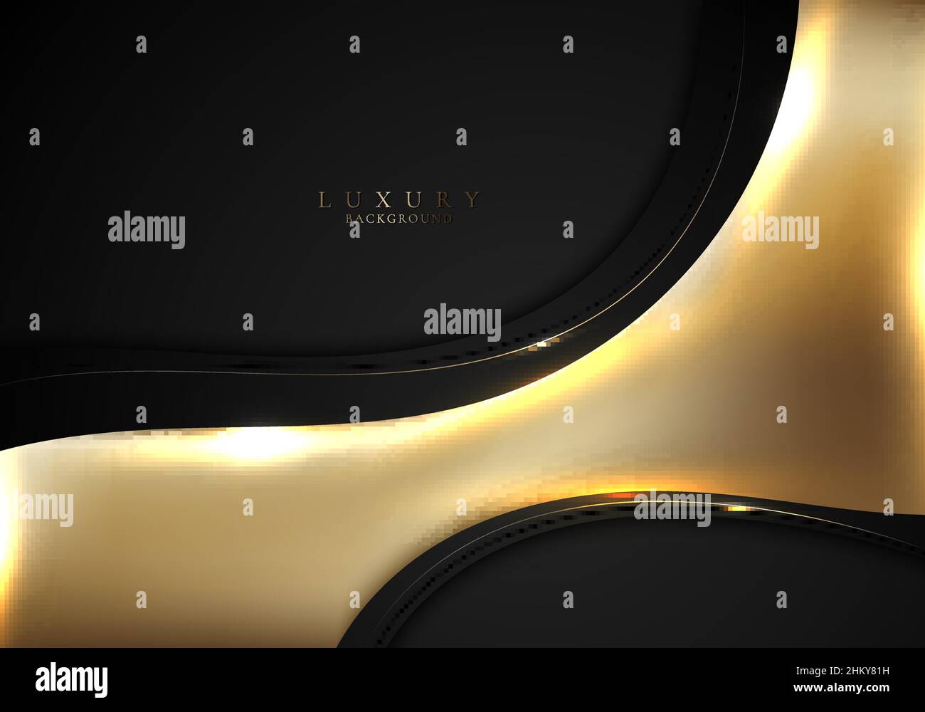 Abstract gold wave shape with golden curved lines on black background ...