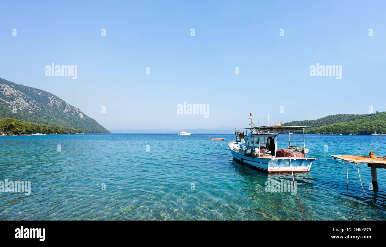 Spectacular sea view of Akbuk Cove (Bay) with fishing boat in Gokova ...