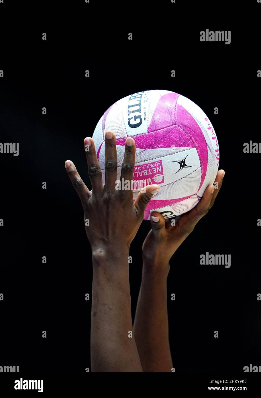 A detailed view of a player taking a shot during the Vitality Netball ...
