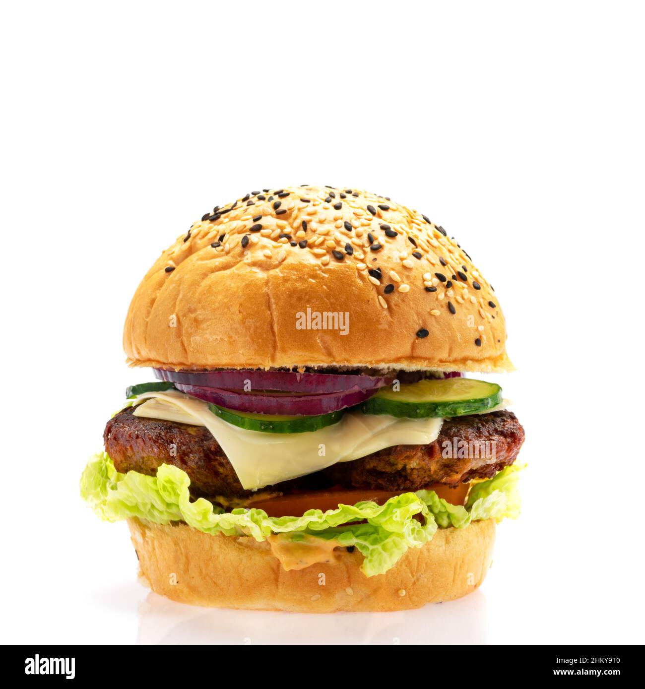 Big single cheeseburger isolated on white background Stock Photo - Alamy