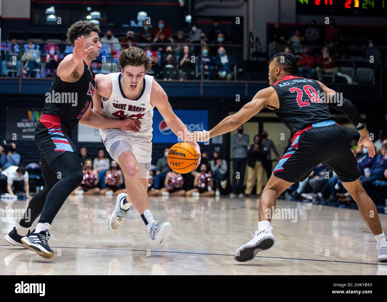 February 05 2022 Moraga CA, U.S.A. St. Mary's guard Alex Ducas (44) goes to the hoop during the ...