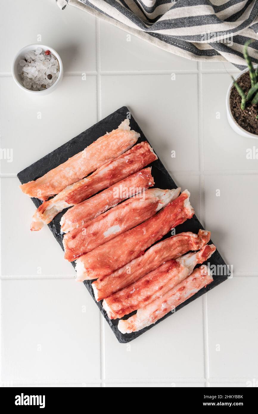 Natural crab meat without additives. Pure product. Serving on a light ...