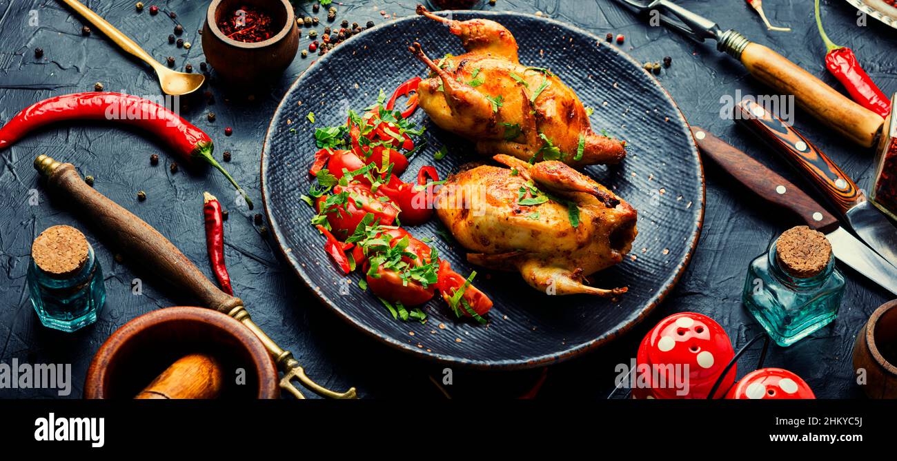 Juicy fried quail, dietary meat. Quail meat Stock Photo - Alamy