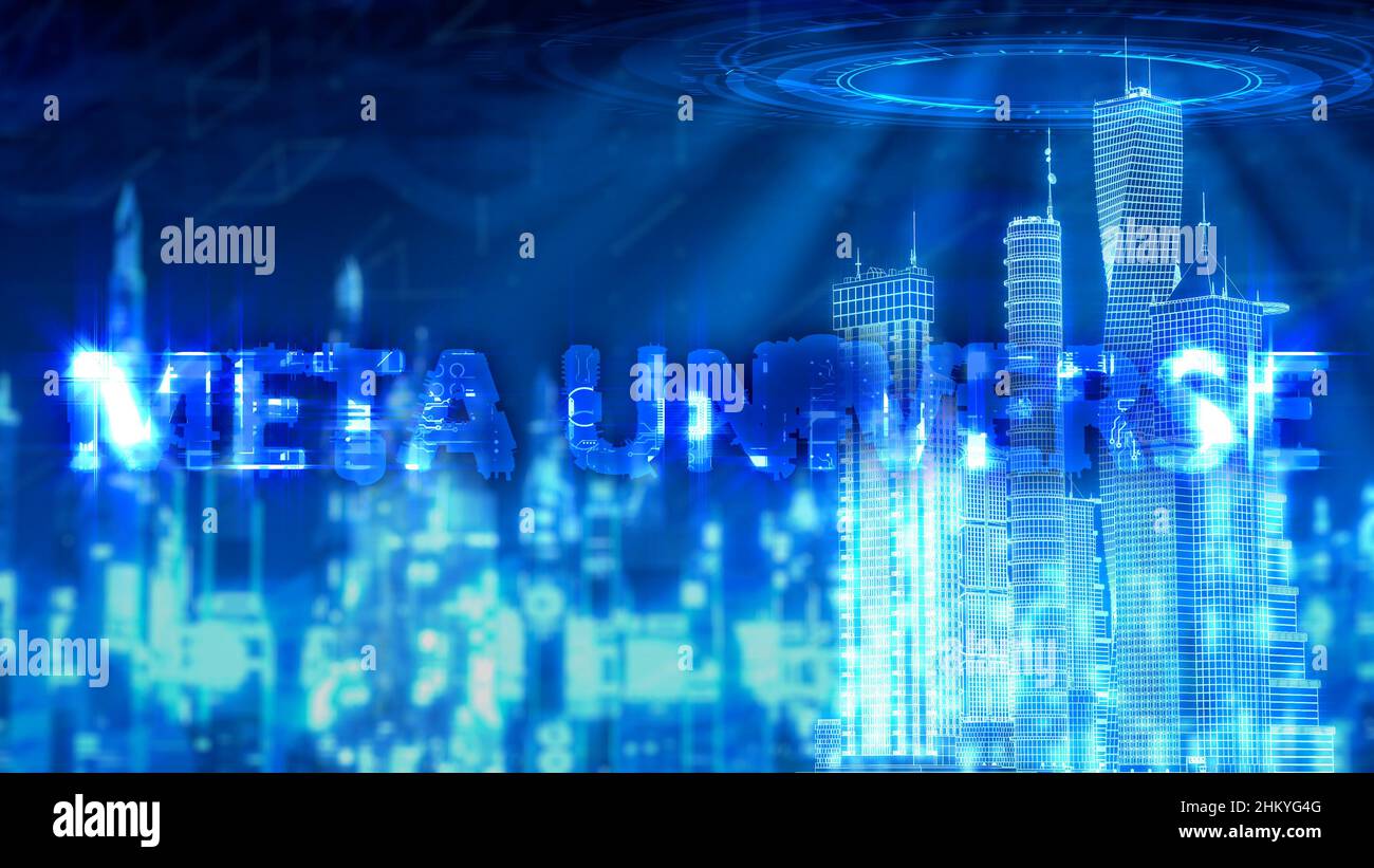 metaverse background with text - city integrated in digital world ...