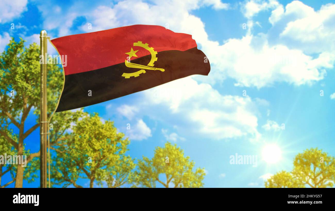 flag of Angola at sunny day, sunlight and happiness symbol - nature 3D ...