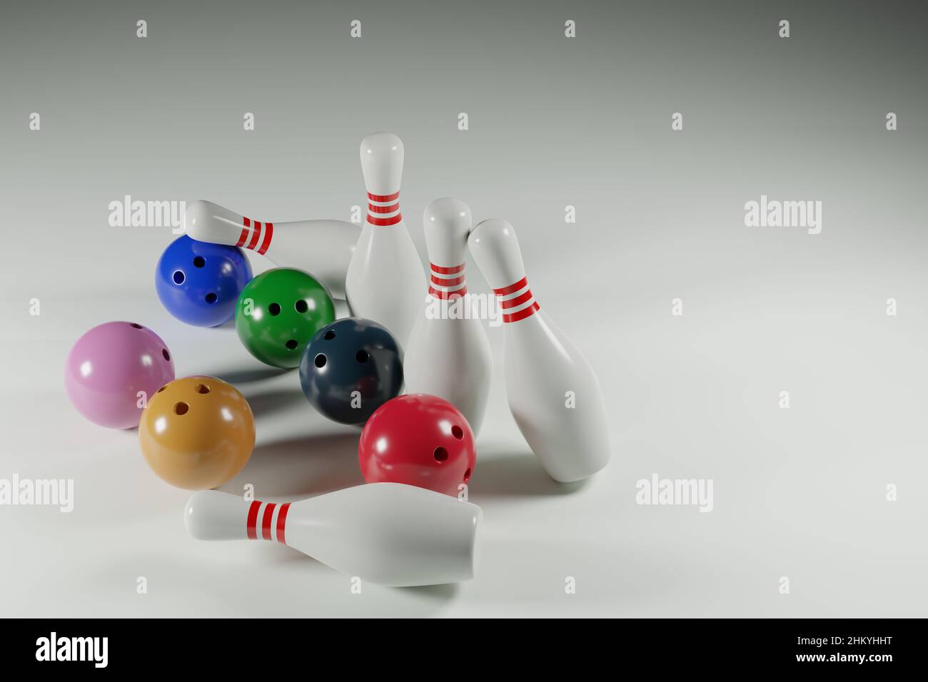 White skittles and bowling balls isolated on white background ...