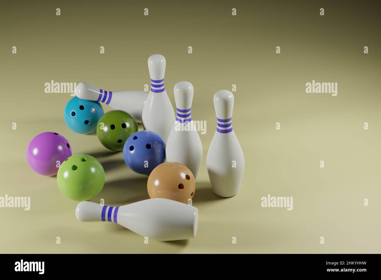 White skittles and bowling balls isolated on pastel yellow background ...