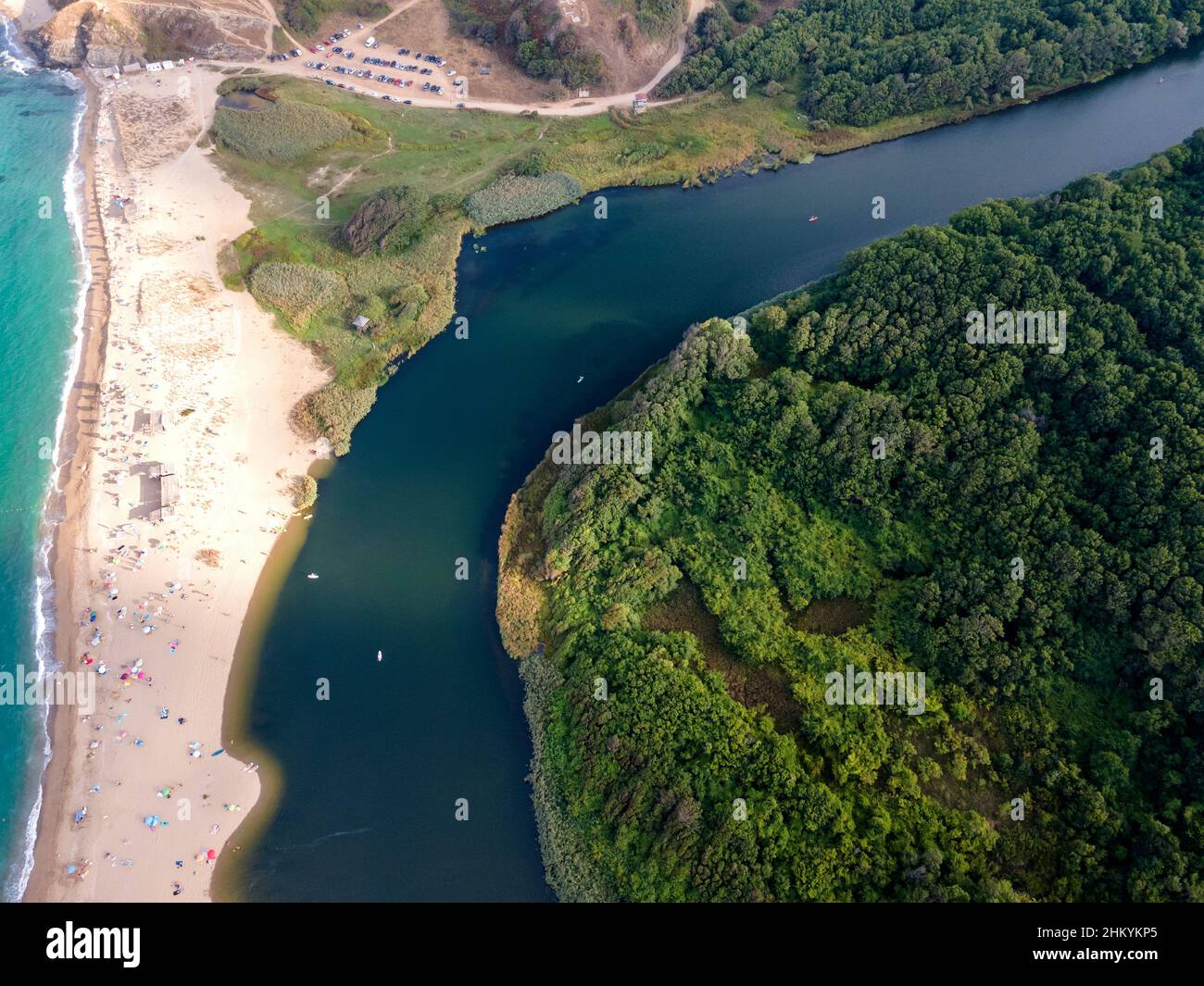 Aerial view of beach at the mouth of the Veleka River, Sinemorets ...