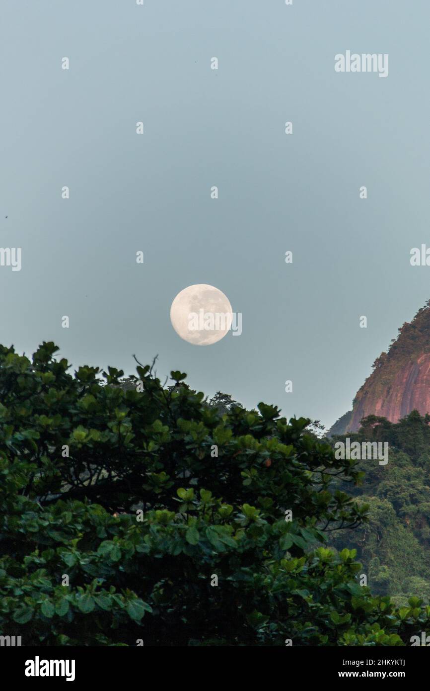 moon setting on a morning in the Copacabana neighborhood in Rio de ...