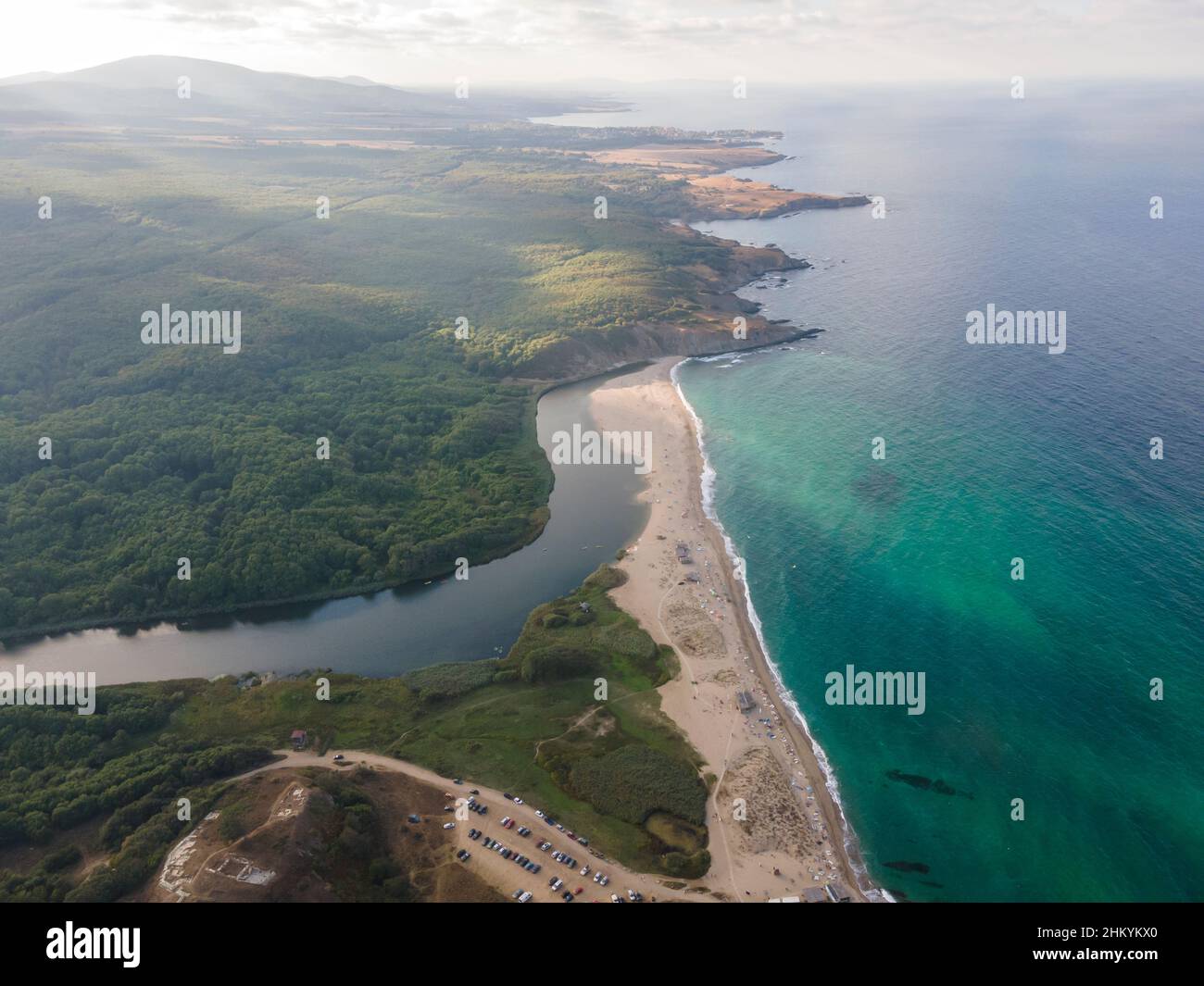 Aerial view of beach at the mouth of the Veleka River, Sinemorets ...