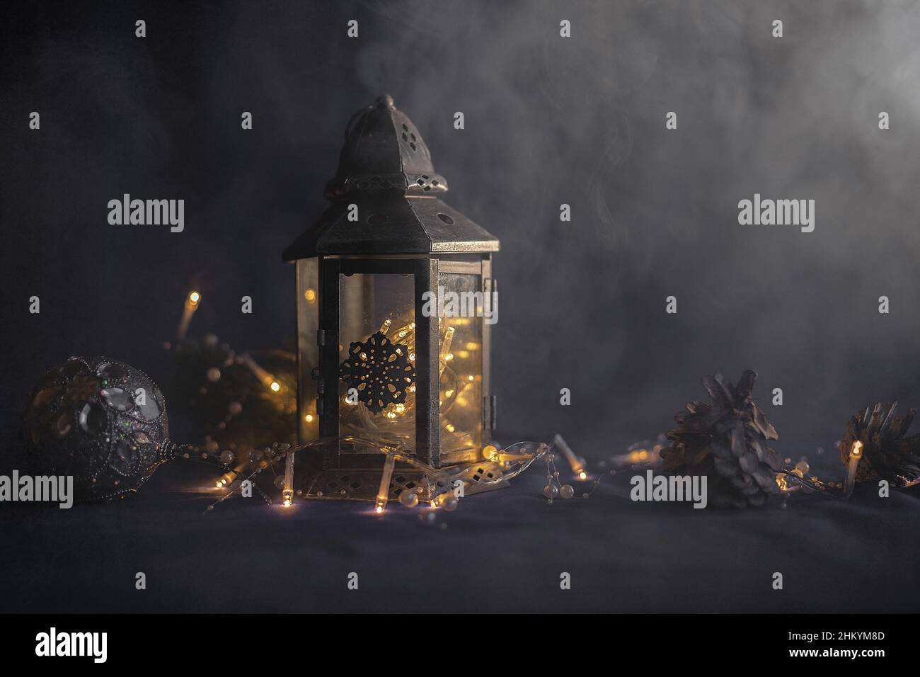 Christmas background with smoke and lanterns Stock Photo - Alamy
