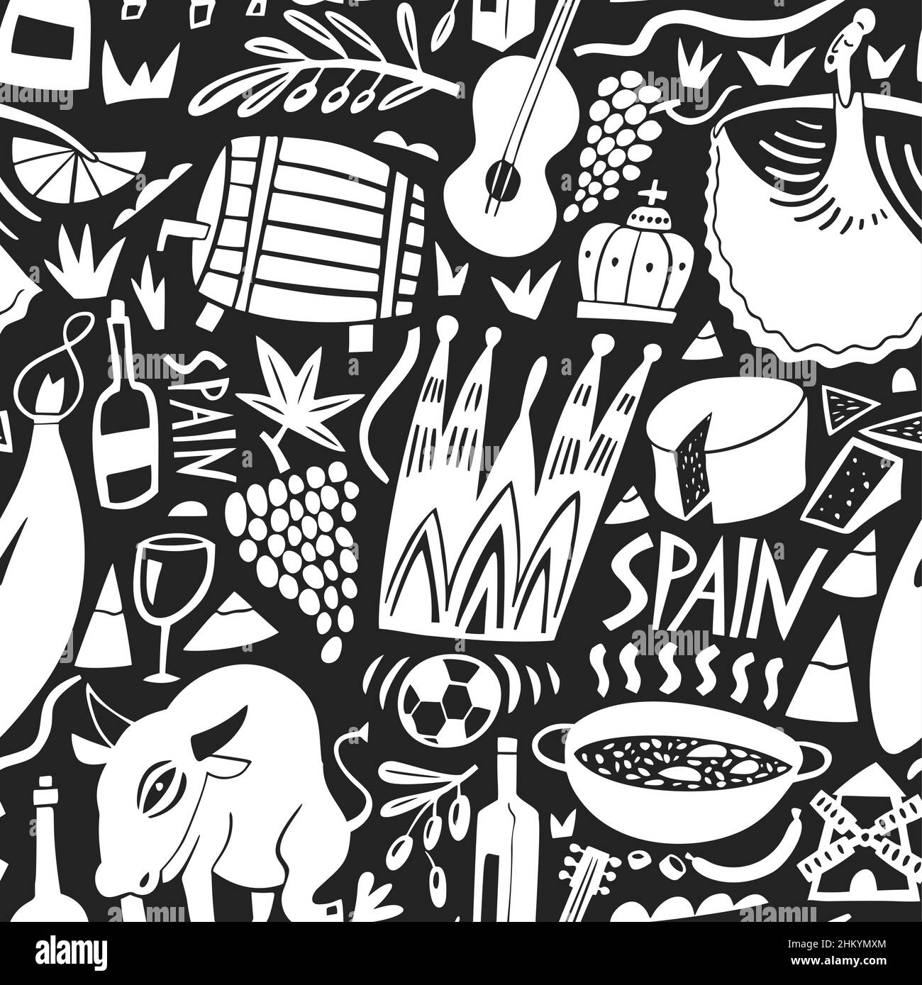 Vector hand drawn Spain landmarks seamless pattern. Travel ...
