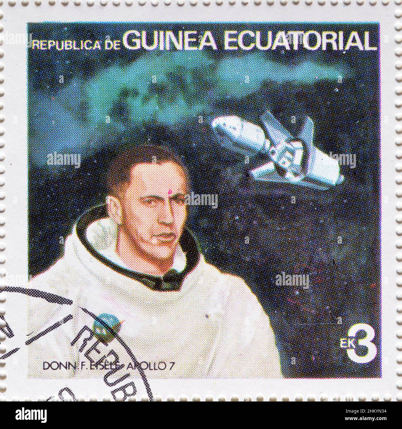 Cancelled postage stamp printed by Equatorial Guinea, that shows Donn F ...