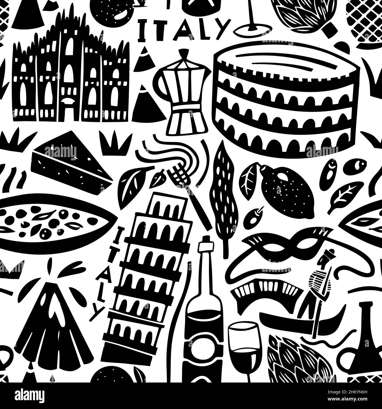 Vector hand drawn Italy landmarks seamless pattern. Travel ...