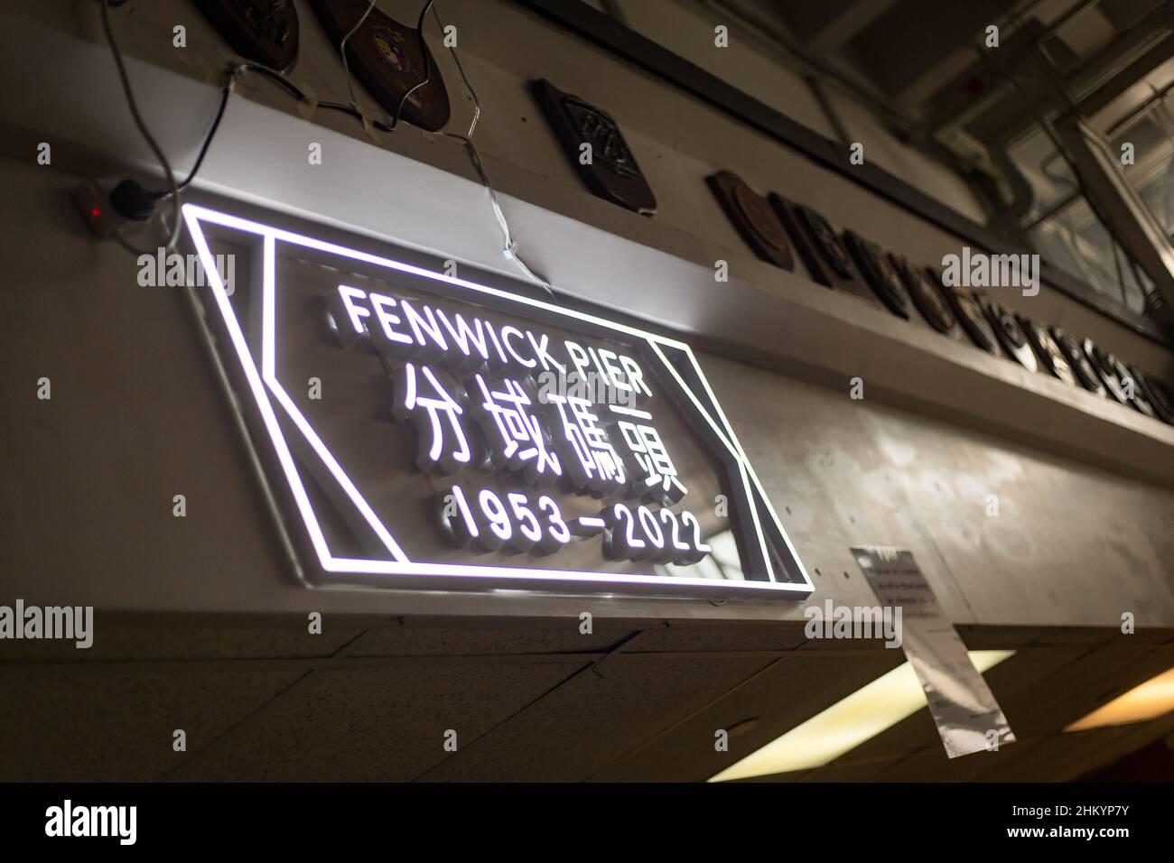 A neon light sign seen inside Fleet Arcade, Fenwick Pier. The Fenwick ...