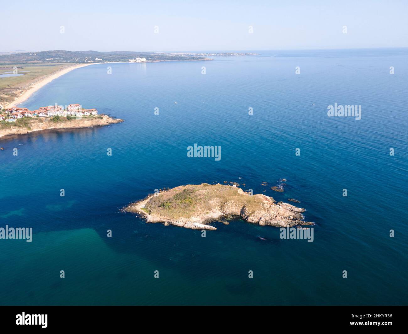 Aerial view of Snake Island at Arkutino region, Burgas Region, Bulgaria ...