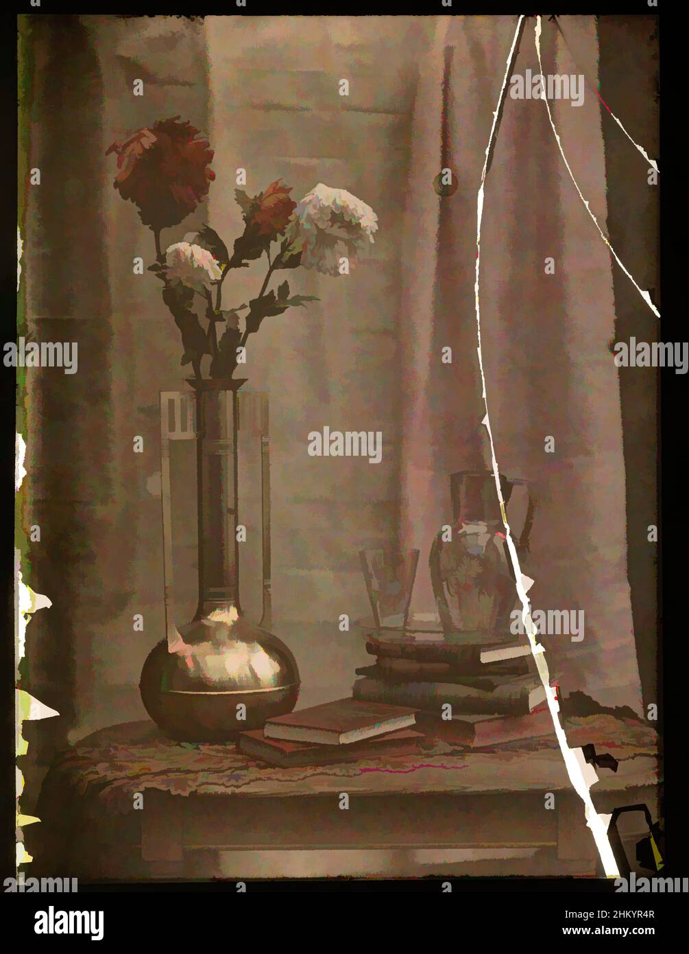 Art inspired by Still life with flowers on a vase, some books, a ...