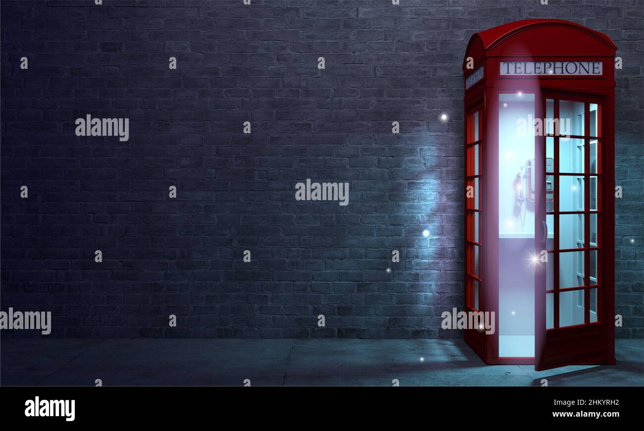 3D illustration. Magic red english telephone booth portal. A door to ...