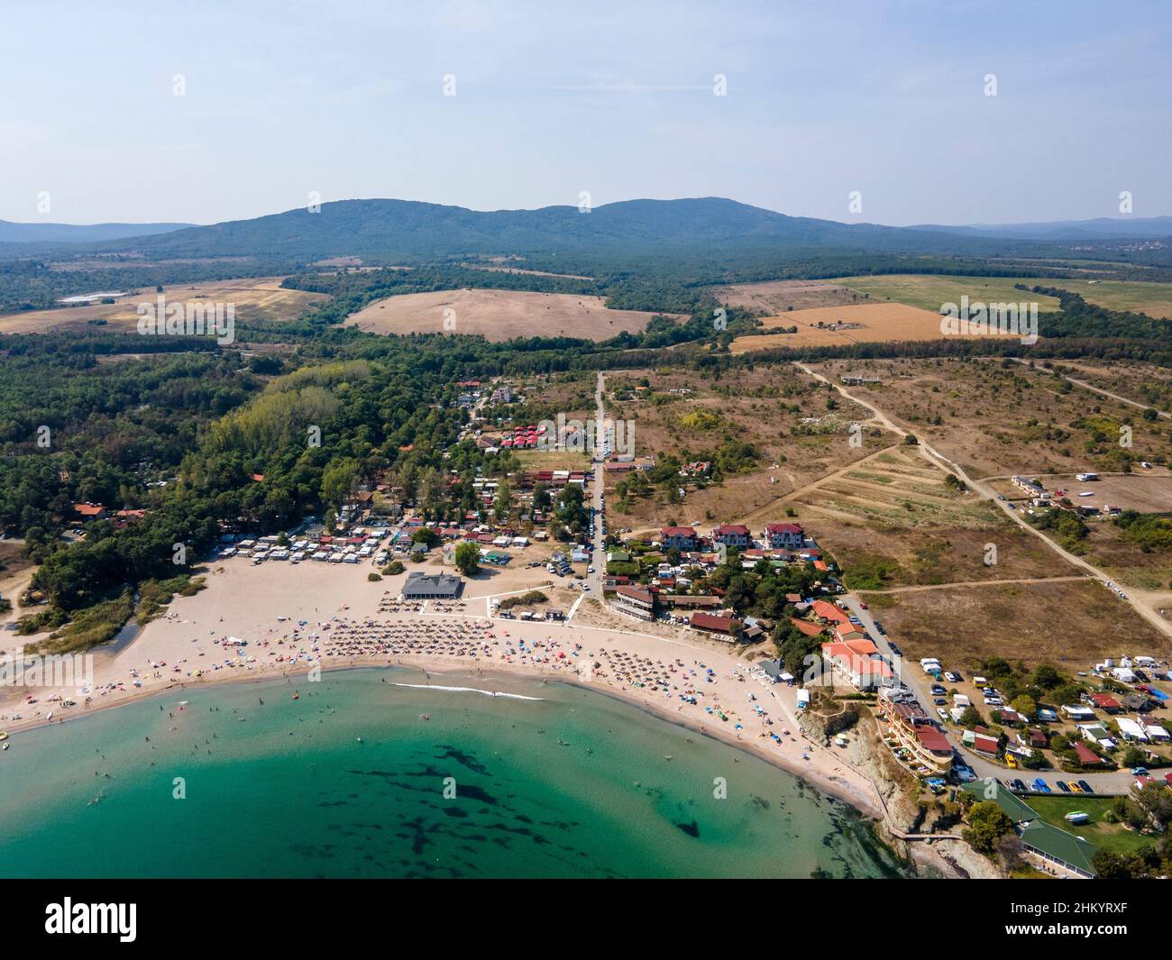Aerial view of Arapya beach near town of Tsarevo, Burgas Region ...