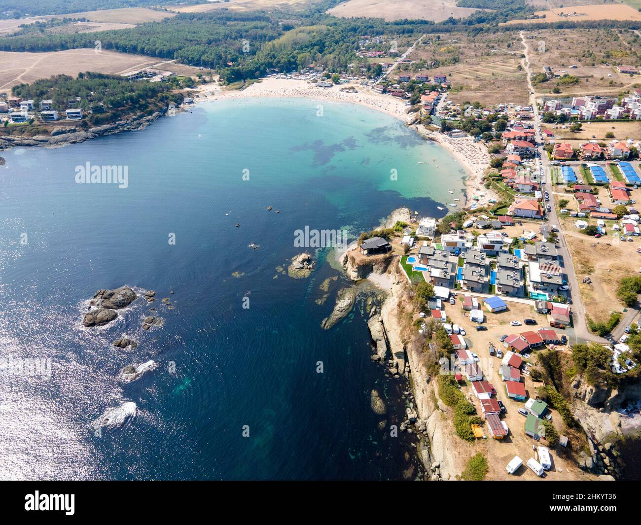 Aerial view of Arapya beach near town of Tsarevo, Burgas Region ...