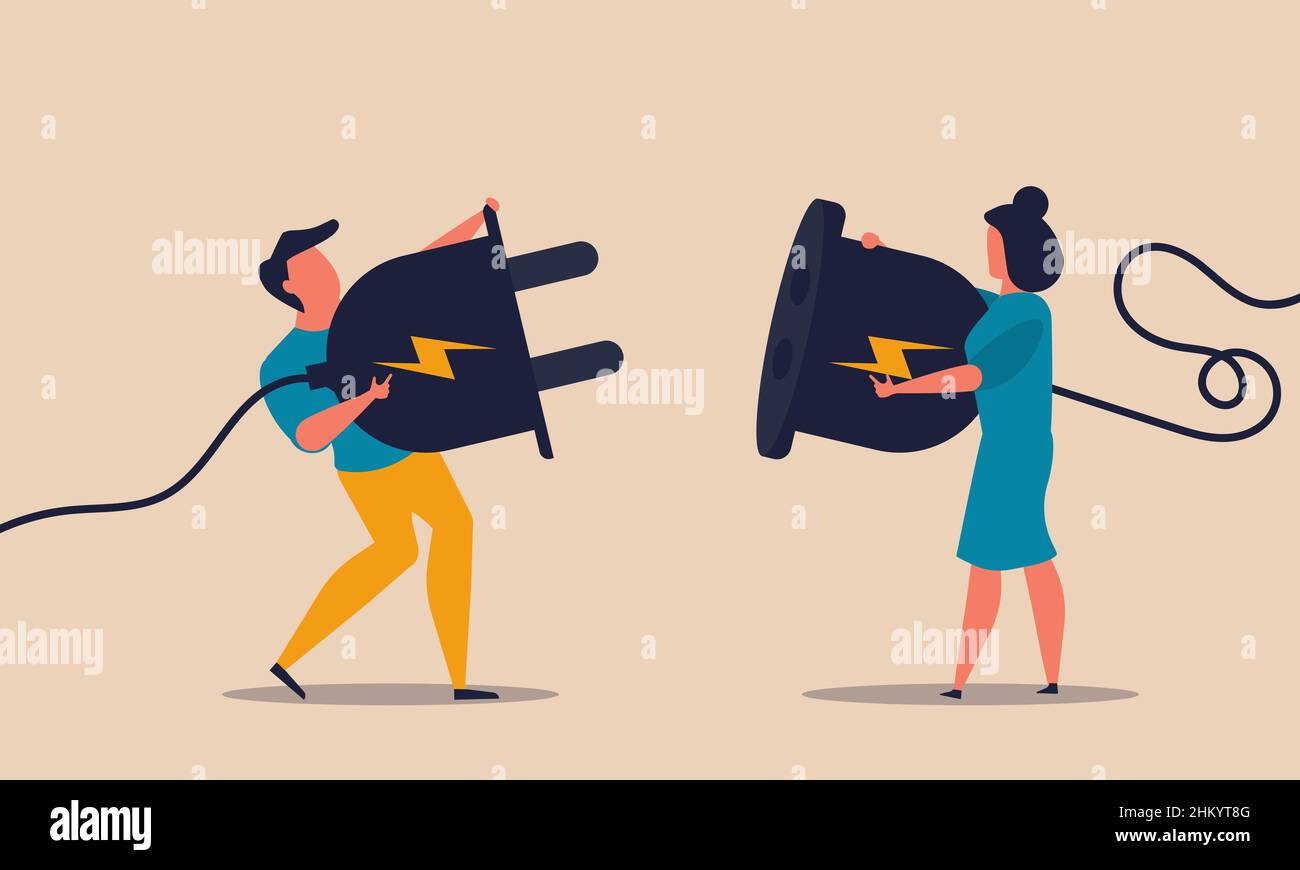 Man and woman plugin together with plug. Cooperation partnership with ...