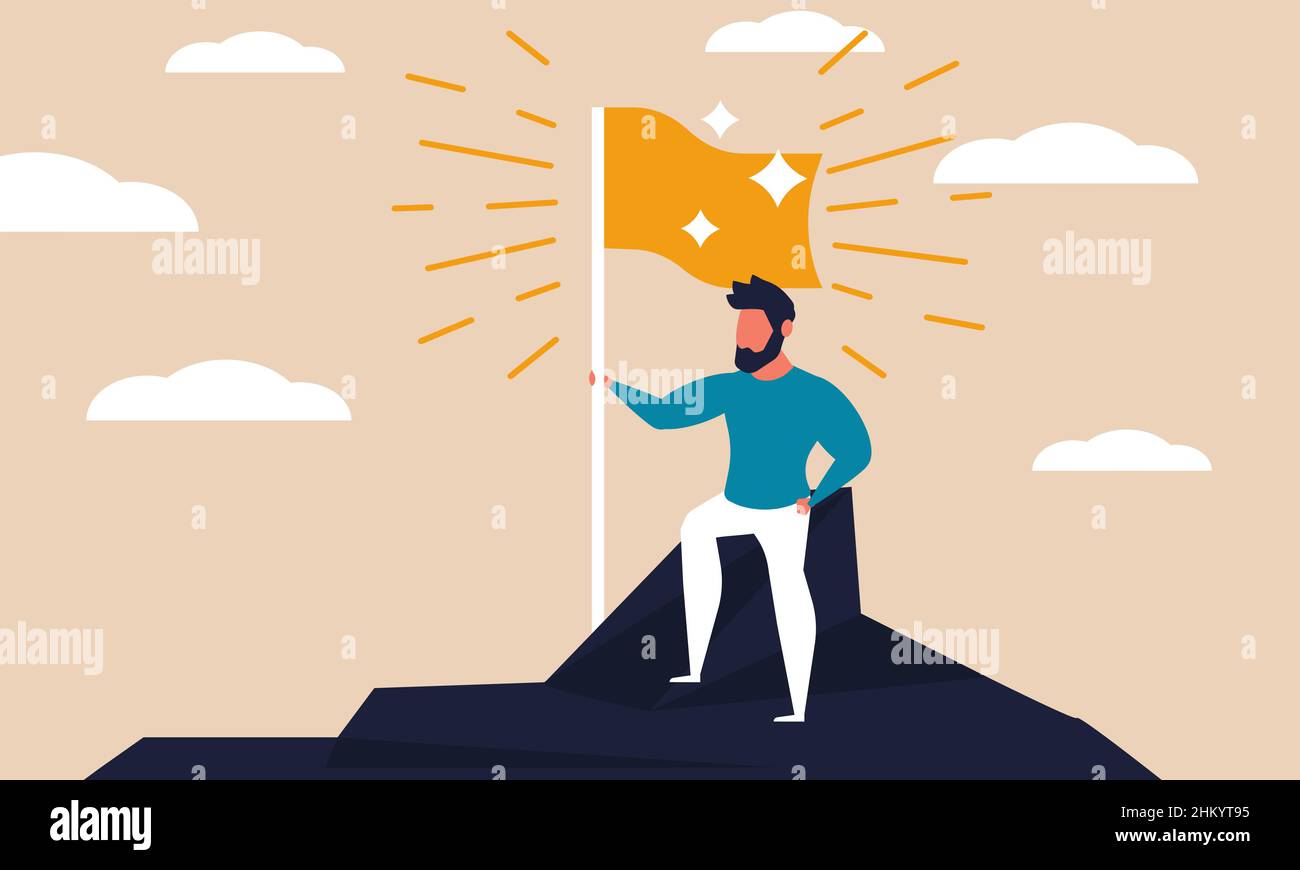 Challenge concept with man on hill mountain and climb high. People ...