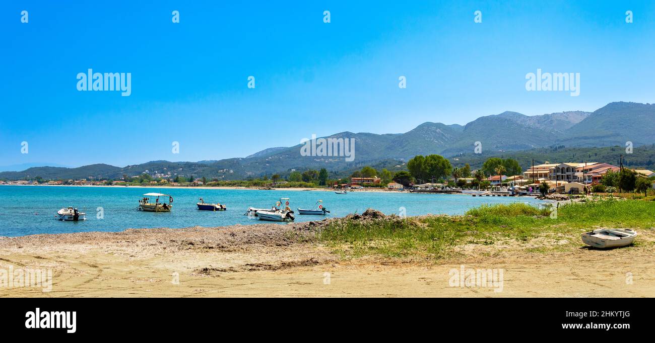 Panorama of Roda tourist town on Corfu island, Greece. Picturesque ...