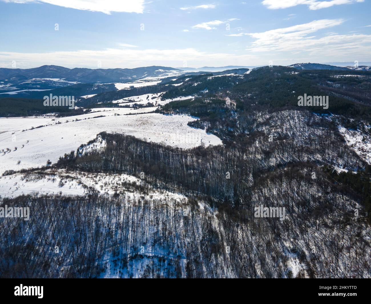Aerial Winter view of Lyulin Mountain covered with snow, Sofia City ...