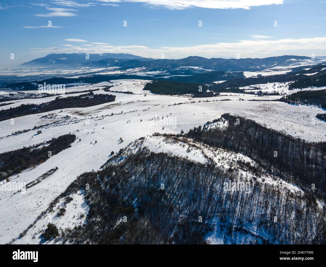 Aerial Winter view of Lyulin Mountain covered with snow, Sofia City ...