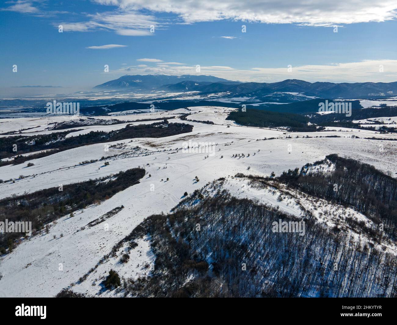 Aerial Winter view of Lyulin Mountain covered with snow, Sofia City ...