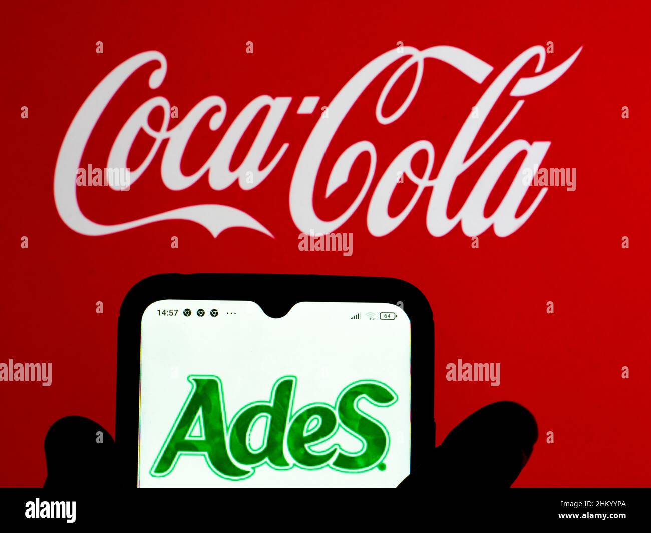 In this photo illustration, the Ades, soy-based drinks logo is ...