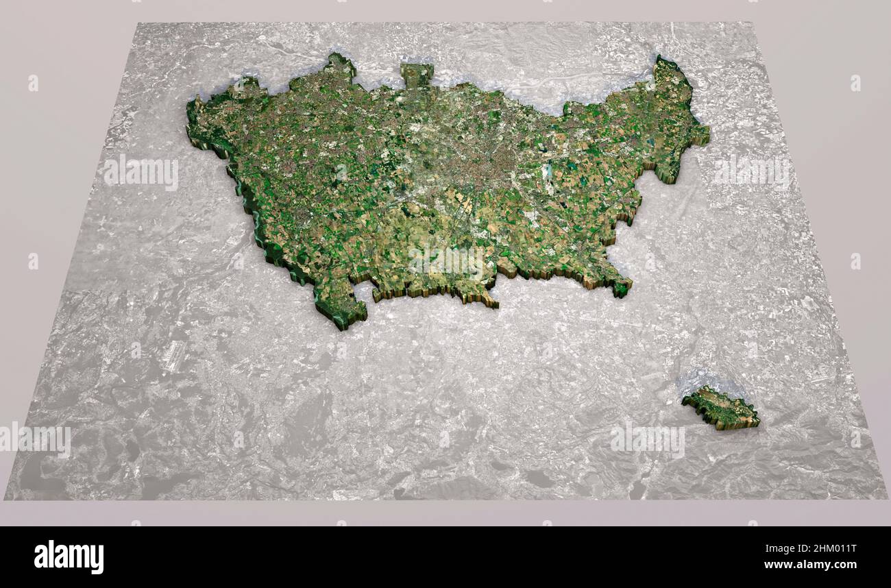 Satellite view of Milan province, Lombardia region. Italy. 3d rendering ...