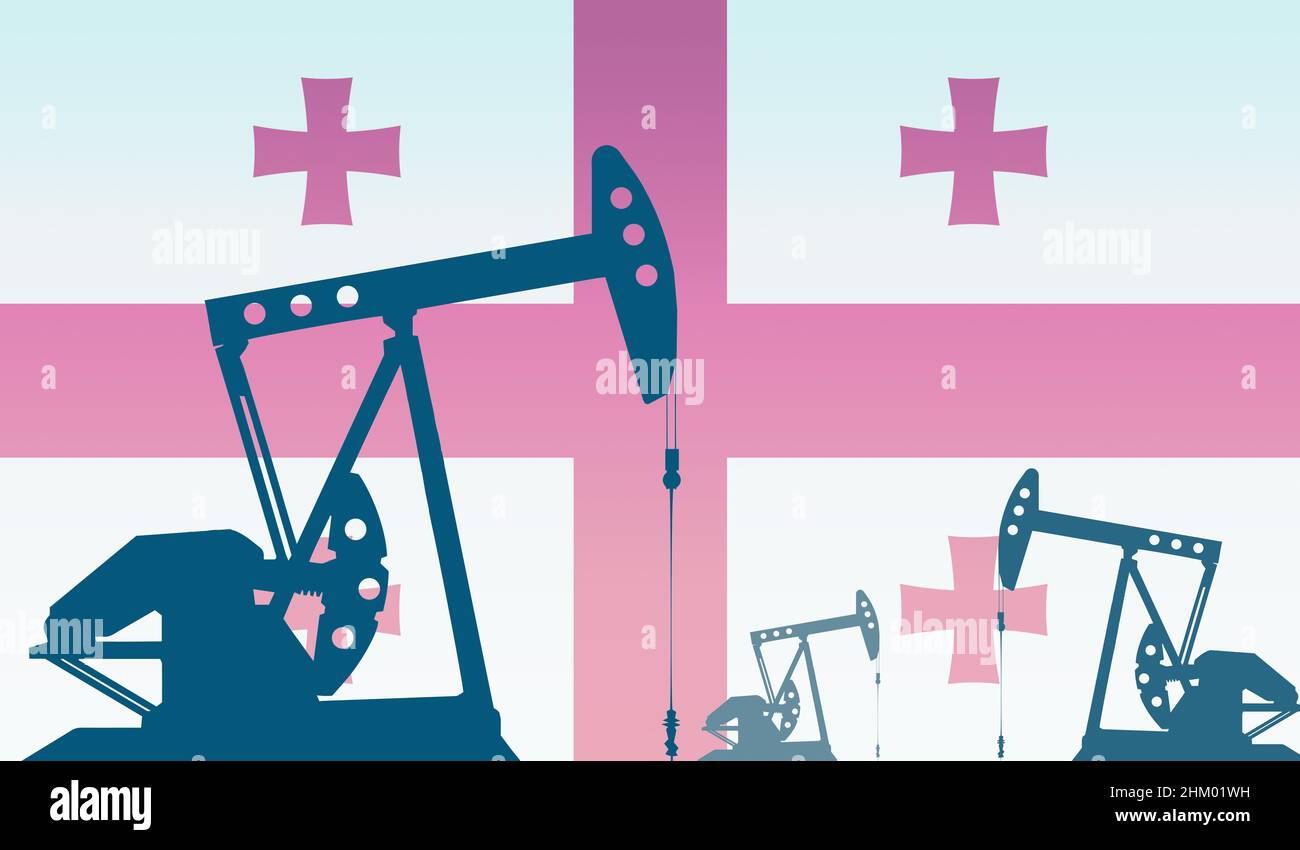 silhouette of the oil pump against flag of Georgia. Extraction grade ...