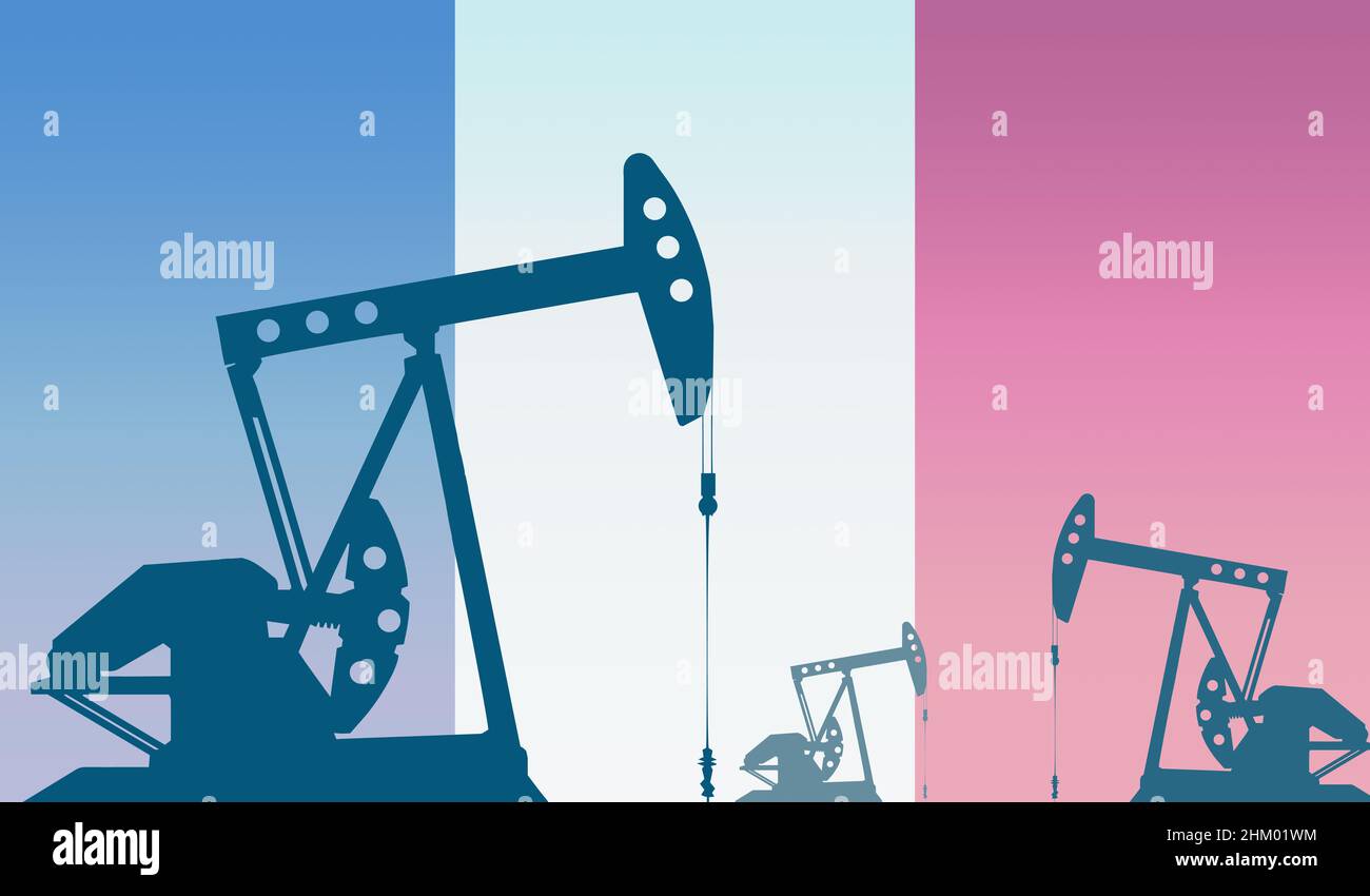 silhouette of the oil pump against flag of France. Extraction grade ...