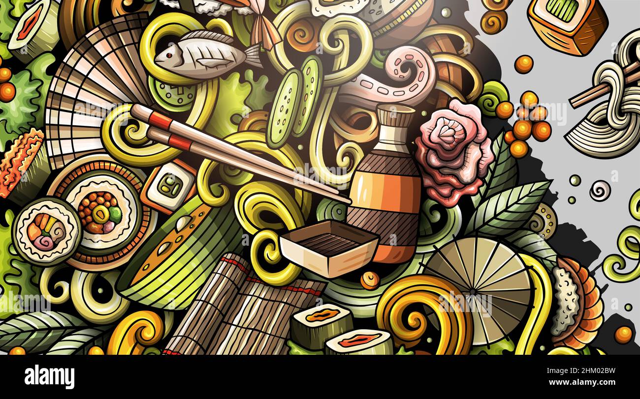 Japanese food hand drawn doodle banner. Cartoon detailed flyer. Japan ...