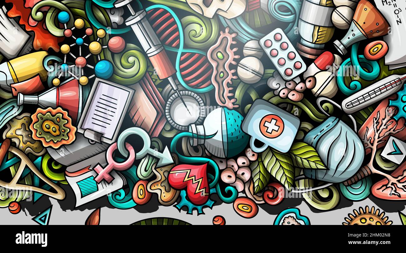 Medicine hand drawn doodle banner. Cartoon vector detailed flyer ...
