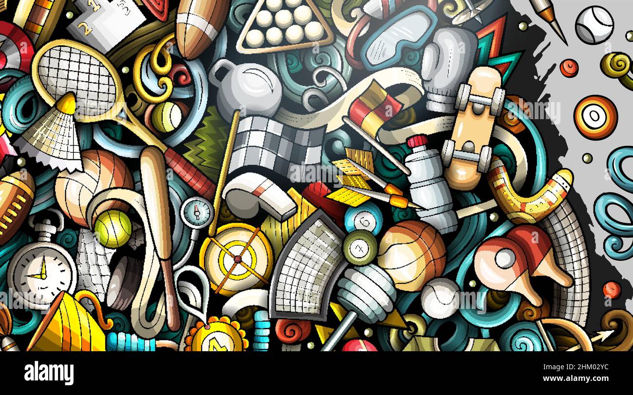 Sports hand drawn doodle banner. Cartoon detailed flyer. Athletic ...