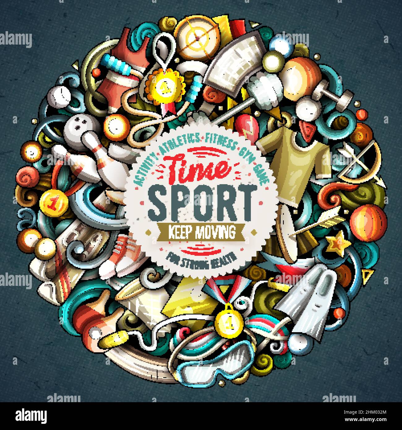 Sports hand drawn vector doodles illustration. Activities round design ...