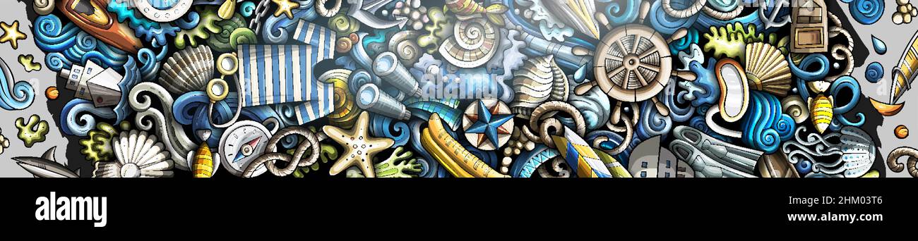 Marine hand drawn doodle banner. Cartoon vector detailed flyer ...