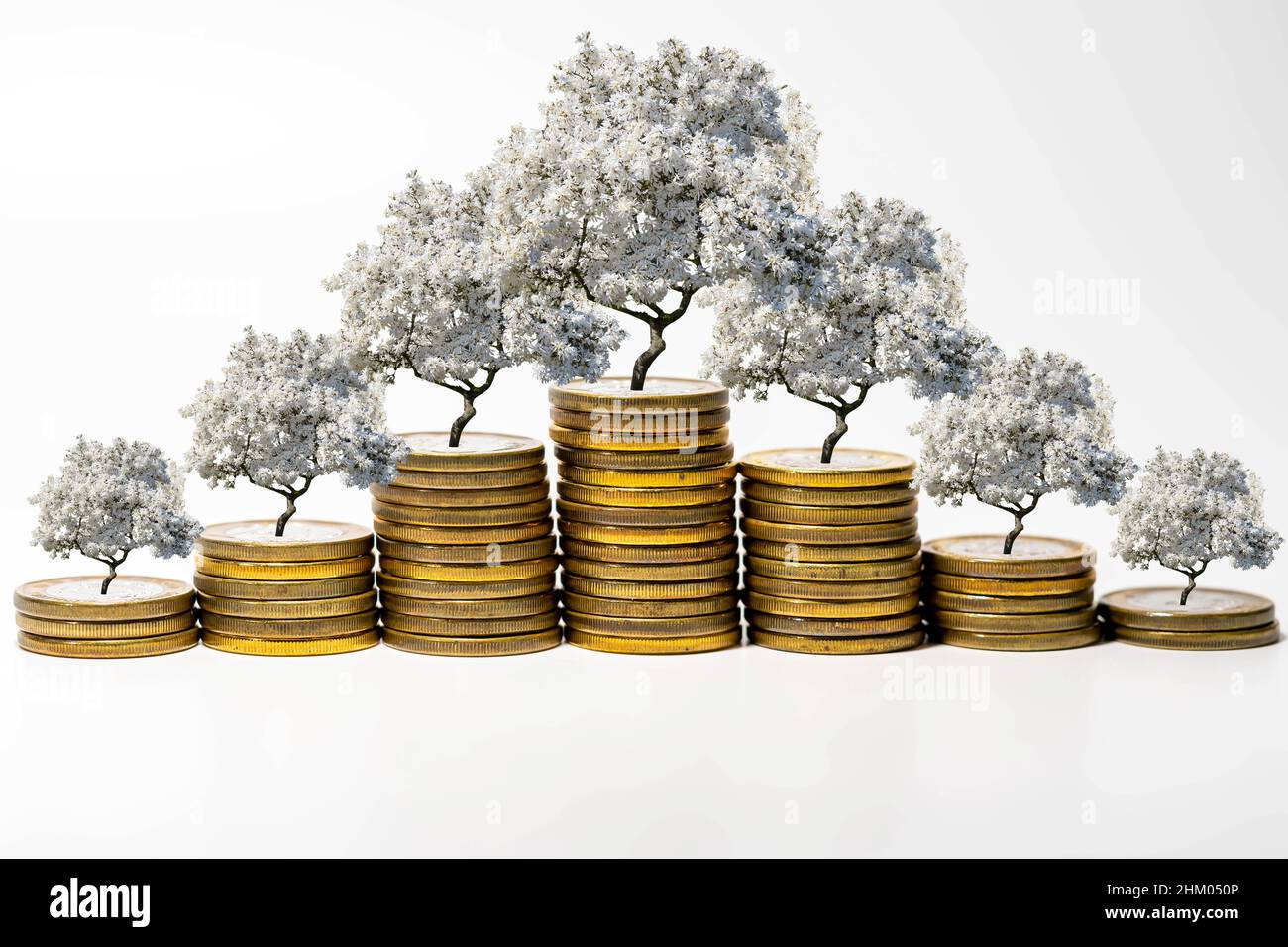 Increasing and decreasing pile of coins going up with growing and down ...