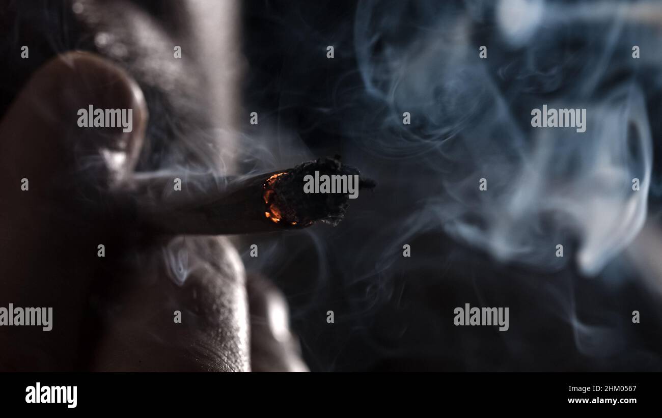 Holding and smoking a marijuana weed joint, inhaling smoke, and blowing ...